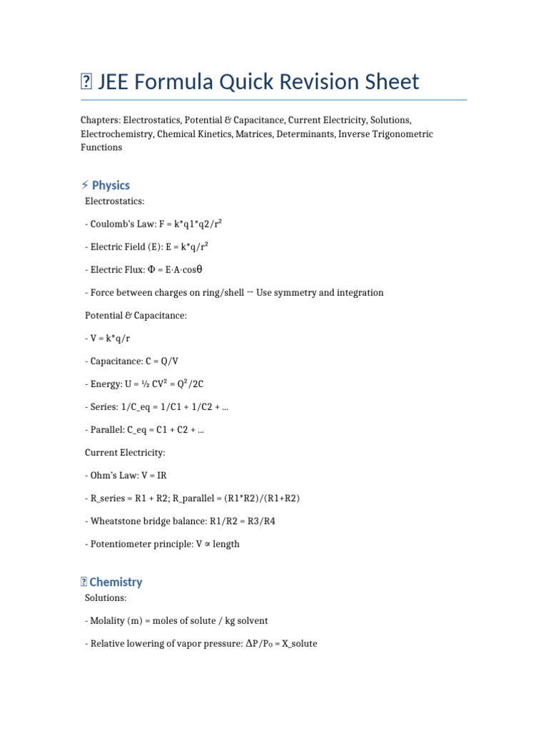 JEE Quick Formula Revision Sheet | PDF