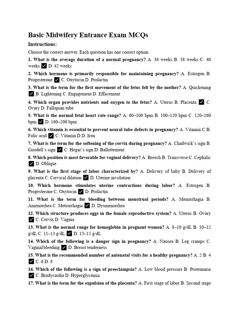 Midwifery Entrance Exam MCQs | PDF | Childbirth | Pregnancy