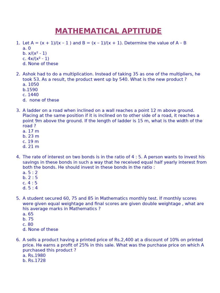 Mathematical Aptitude | PDF | Interest | Money