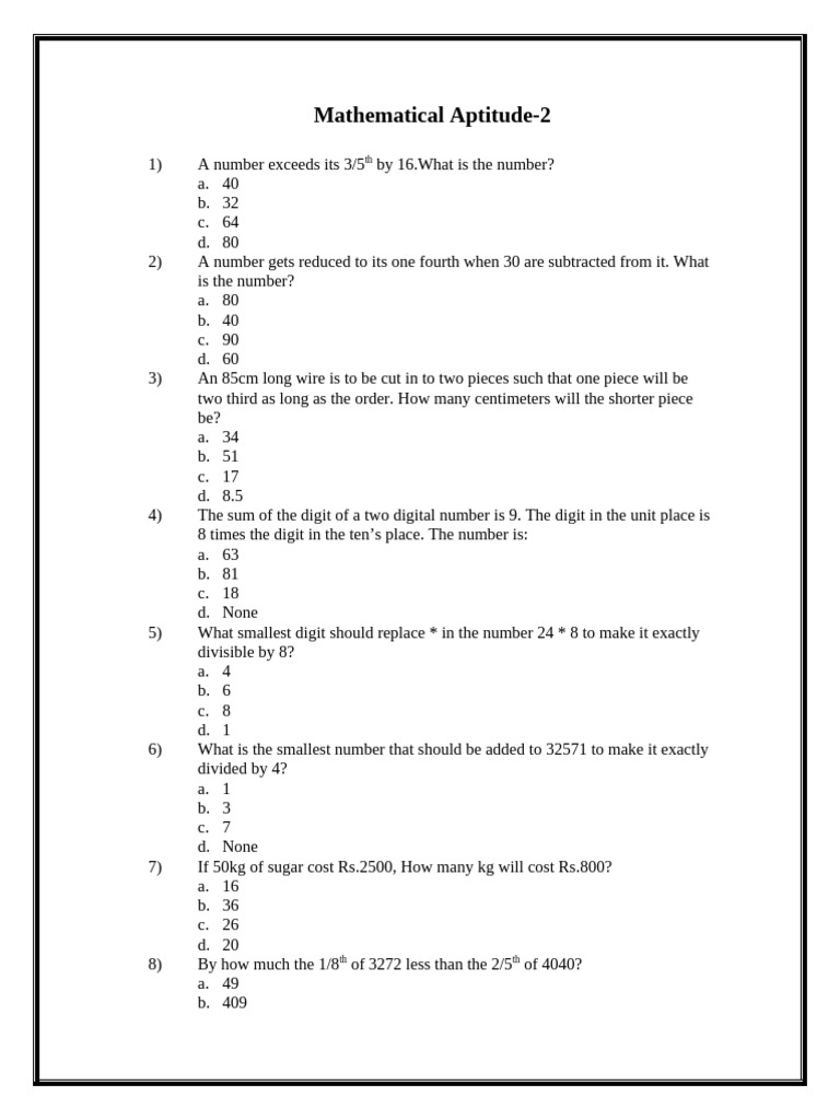 Math Aptitude Questions and Answers | PDF | Numbers | Elementary ...