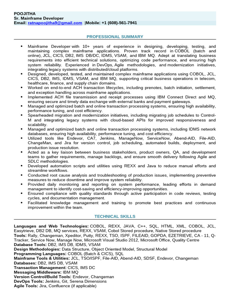 Poojitha - Sr. Mainframe Developer | PDF | Ibm Db2 | Databases