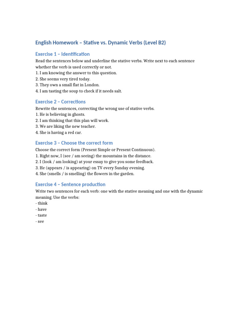 Stative vs. Dynamic Verbs Exercises B2 | PDF