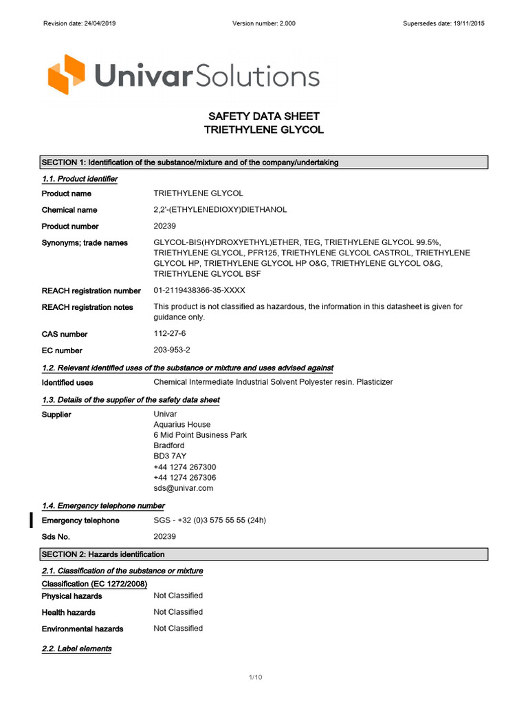 Triethylene Glycol Safety Data Sheet | PDF | Dangerous Goods | Toxicity