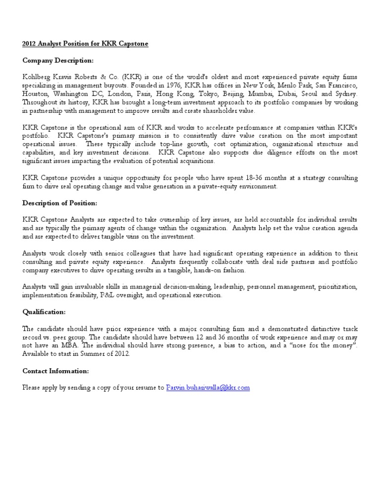 2012 Analyst Position For KKR Capstone India | PDF | Private Equity ...