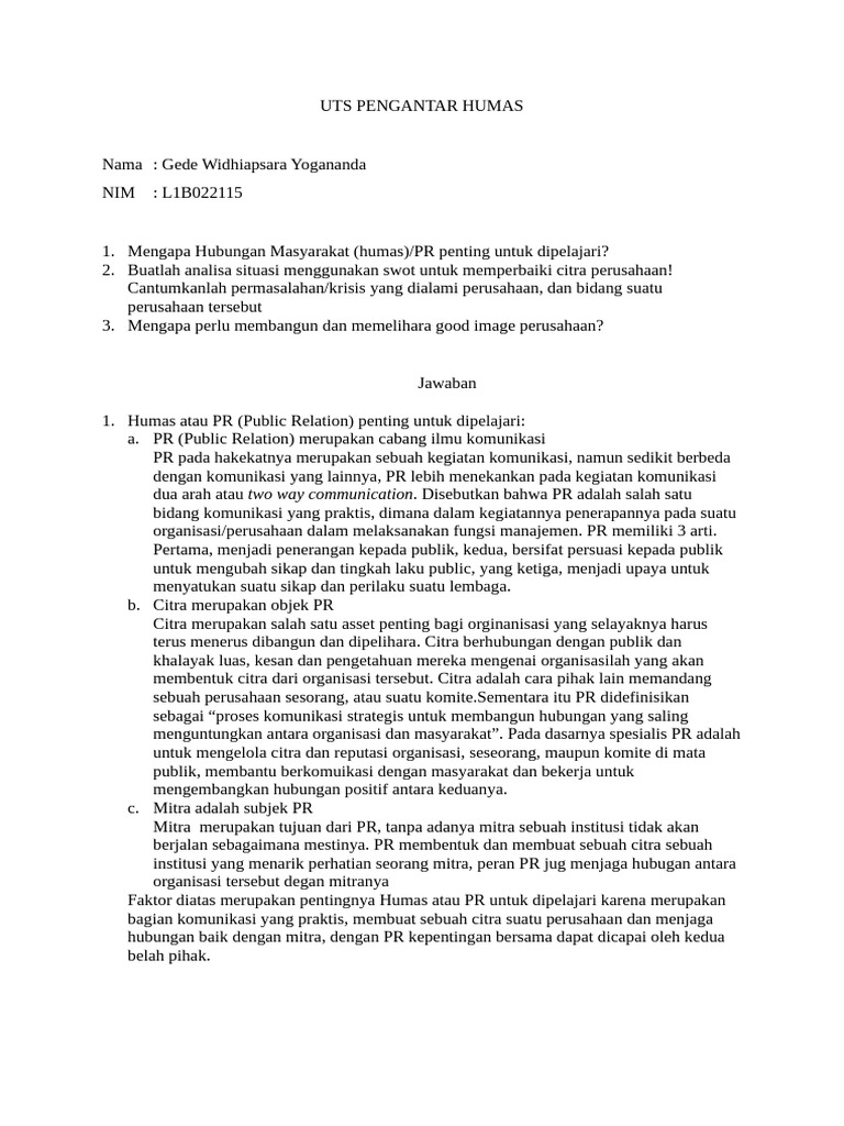 Uts Pengantar Humas | PDF