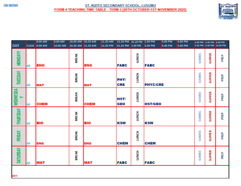 St. Kizito Form 4 Term 3 Timetable | PDF