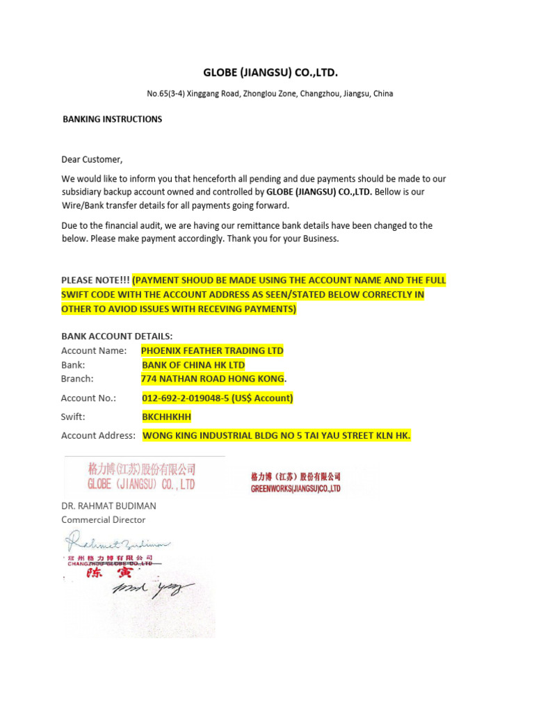 Updated Banking Instructions for Payments | PDF