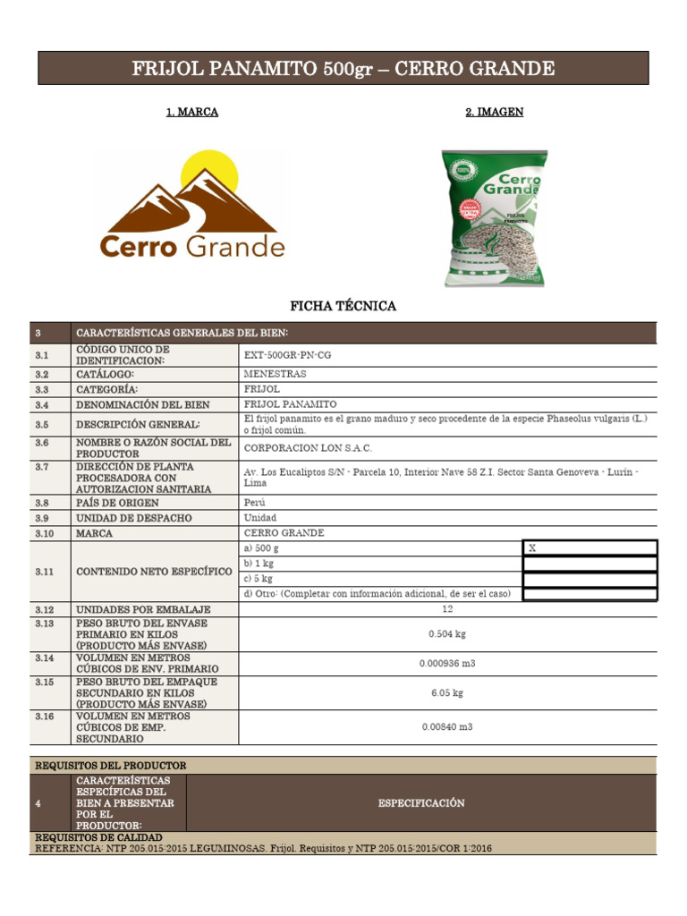Frijol Panamito 500Gr Cerro Grande: 1. Marca 2. Imagen | PDF ...