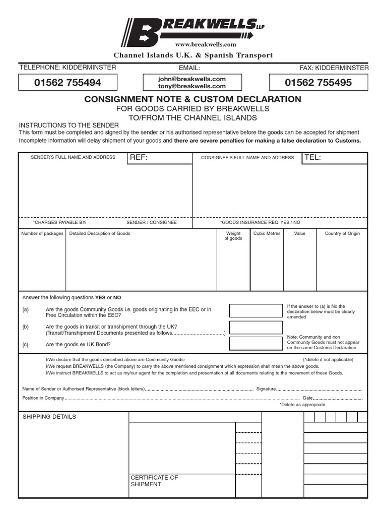 Breakwells Consignment Note Example 2 | PDF