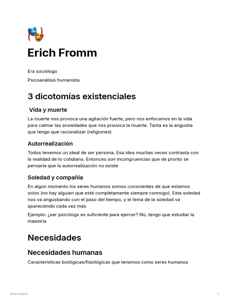 Necesidades humanas según Erich Fromm | PDF | Amor | Erich Fromm