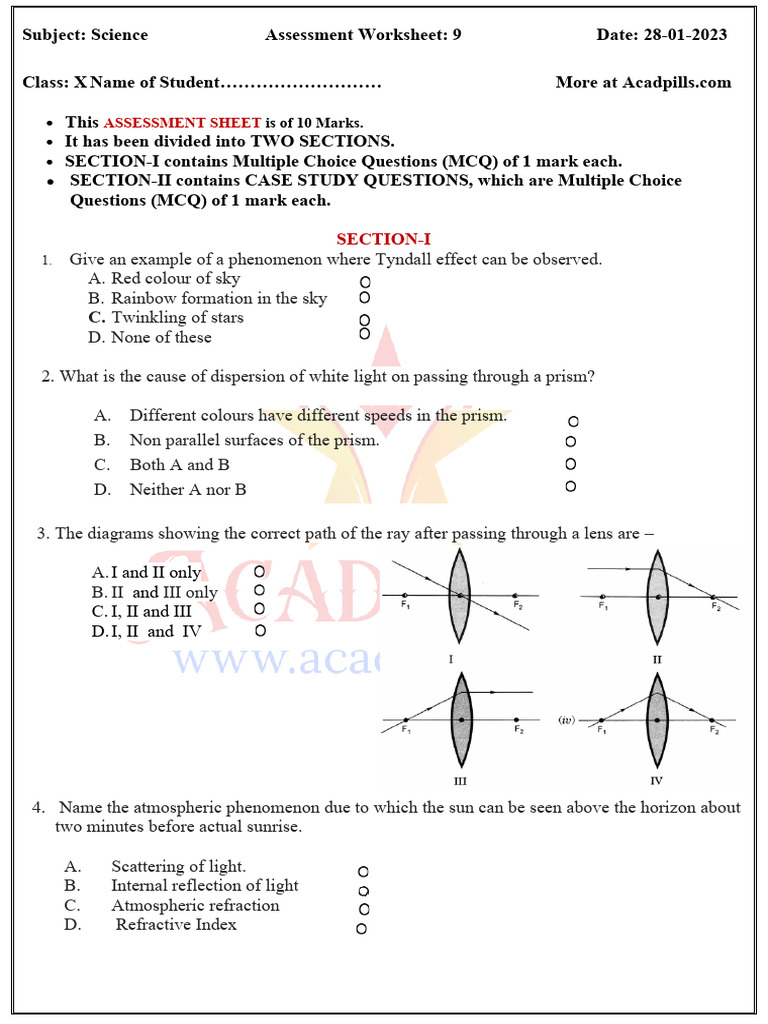 Science Assessment Worksheet for Class X | PDF | Optics | Applied And ...
