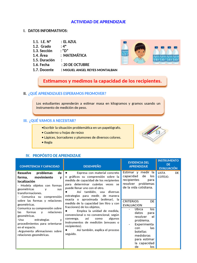 SESION Estimamos y Medimos La Capacidad | PDF | Agua | Cantidades fisicas