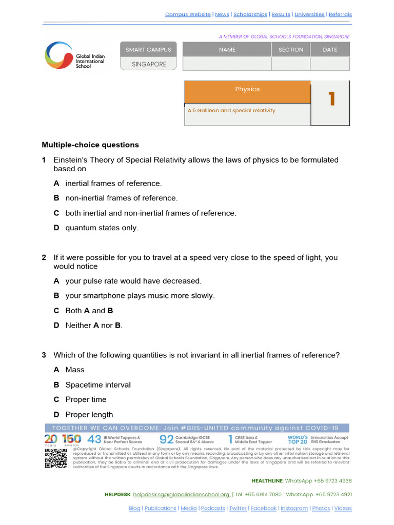 WS - IB Yr2 Physics 1 A.5 Galilean and Special Relativity | PDF ...