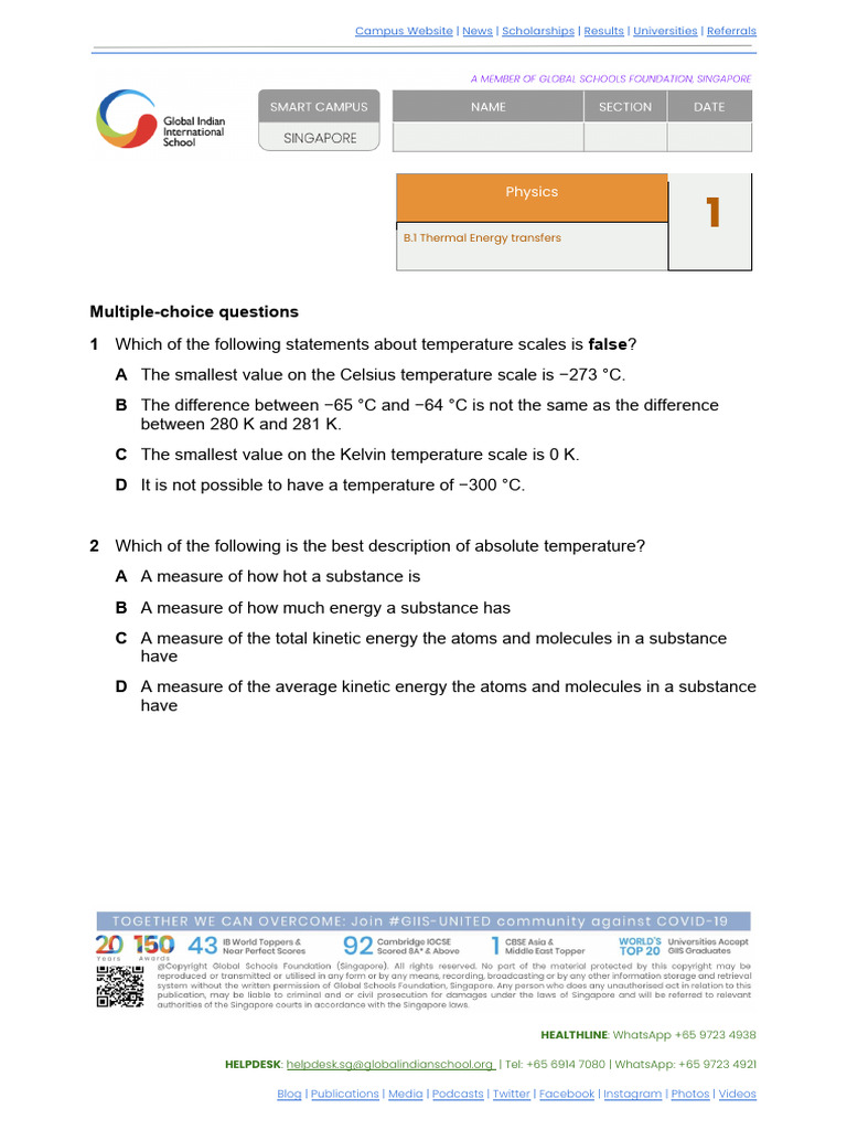WS - IB Yr2 Physics 1 B.1 Thermal Energy Transfers | PDF | Heat ...