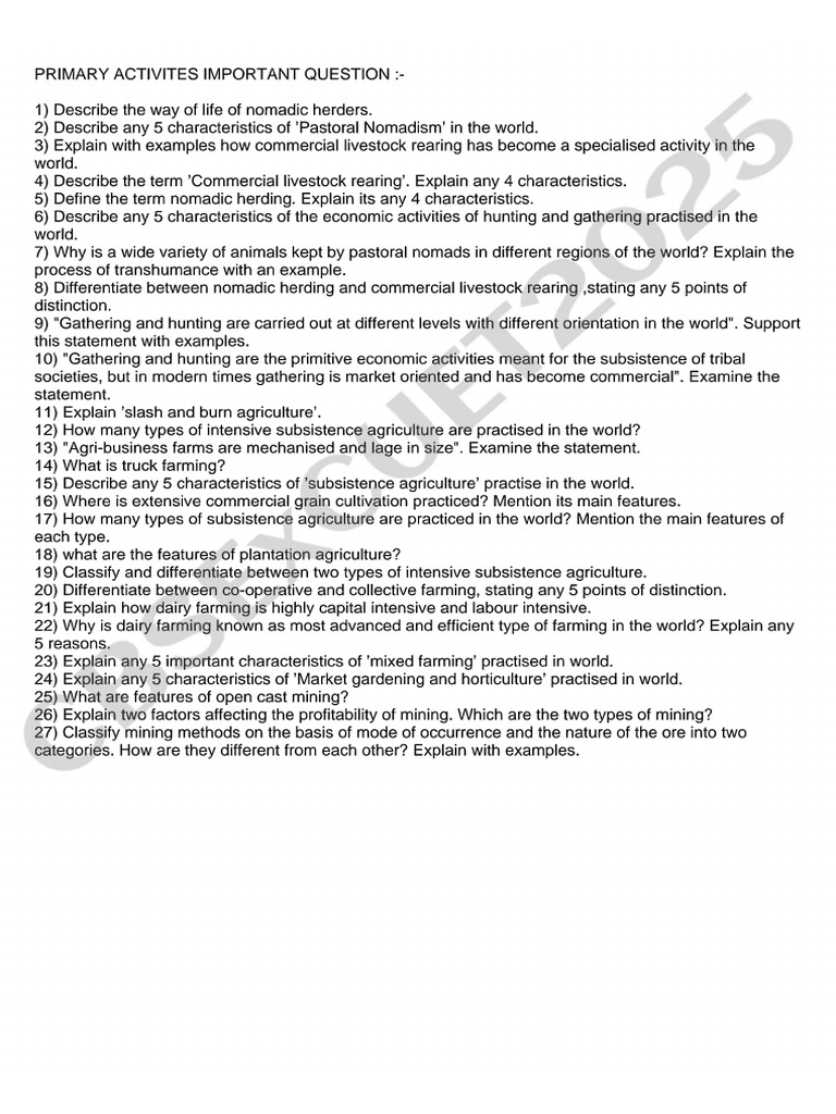 Primary Activities Imp Ques | PDF