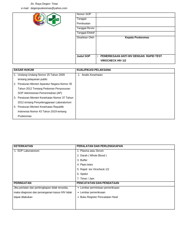 Sop Pemeriksaan Anti Hiv Dengan Reagen Rapid Test Advanced Intec | PDF