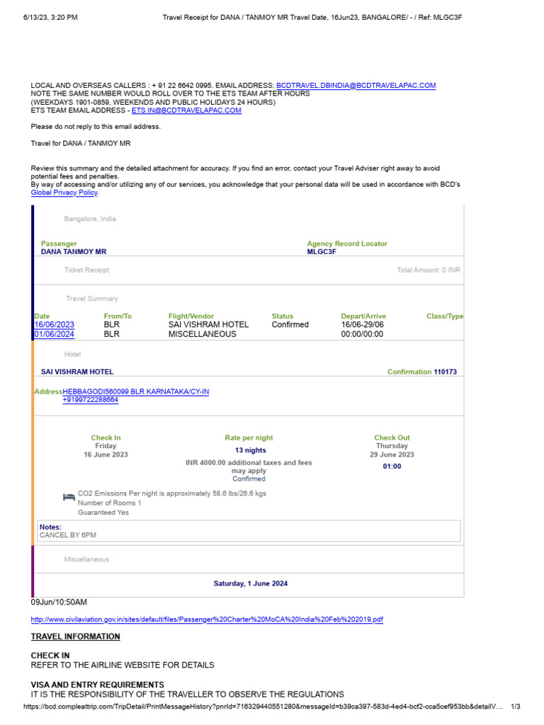 Travel Receipt For Dana - Tanmoy MR Travel Date, 16jun23, Bangalore ...