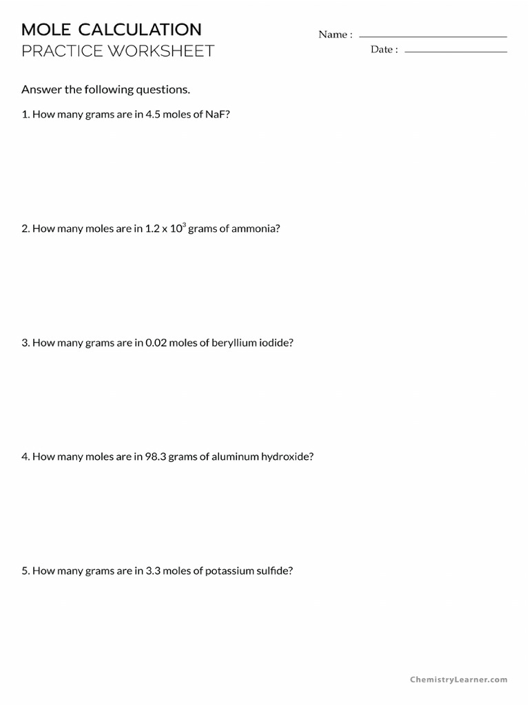 Mole Calculation Practice Worksheet | PDF