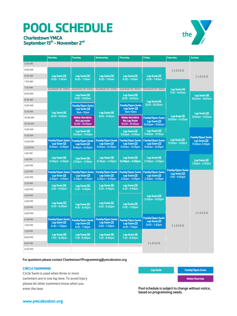 Charlestown YMCA Pool Schedule | PDF | Swimming (Sport) | Swimming