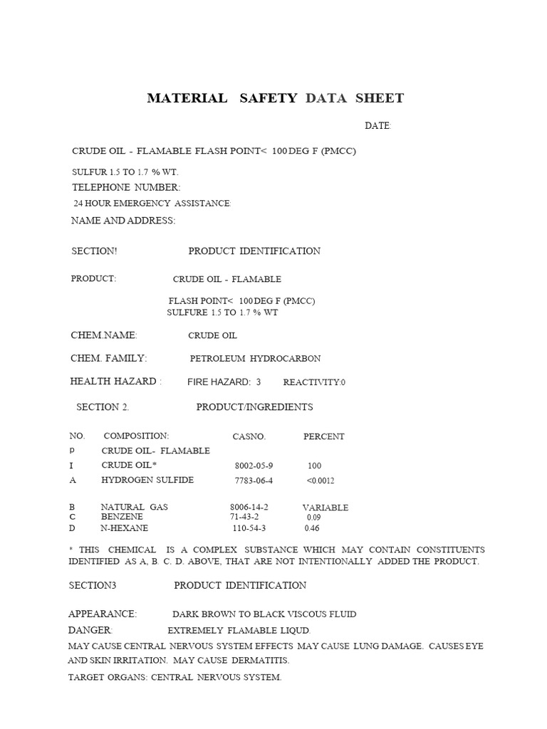 Crude Oil Material Safety Data Sheet | PDF | Hazardous Waste | Water