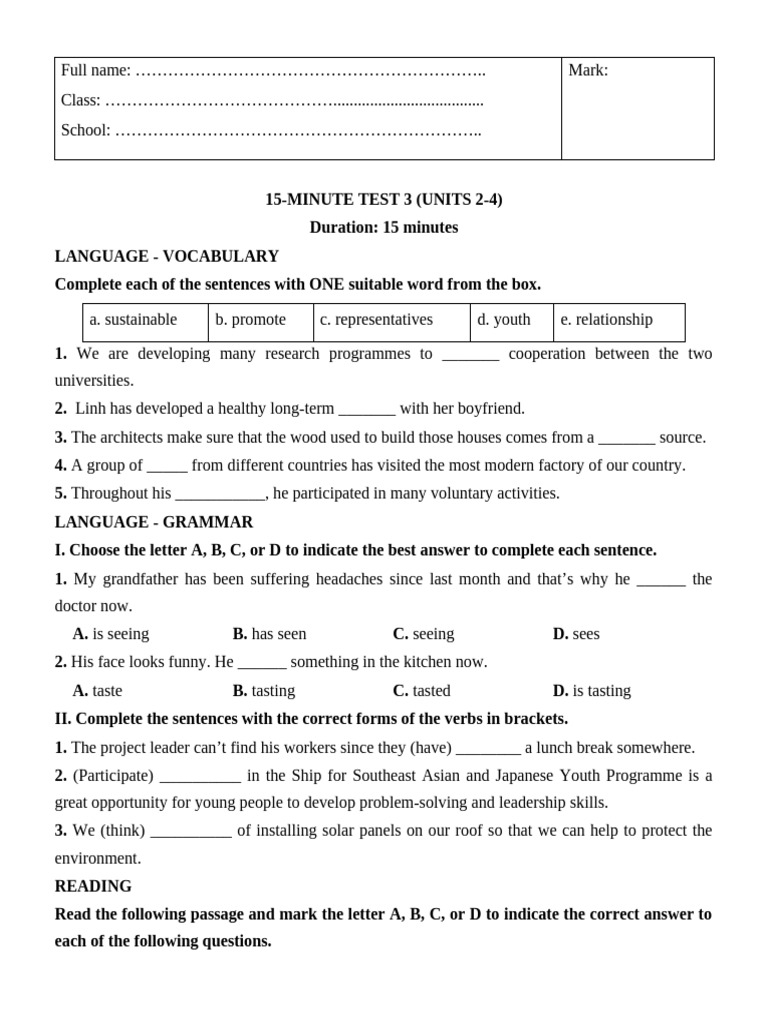 15-Minute Test on Vocabulary and Grammar | PDF | Waste Management | Waste