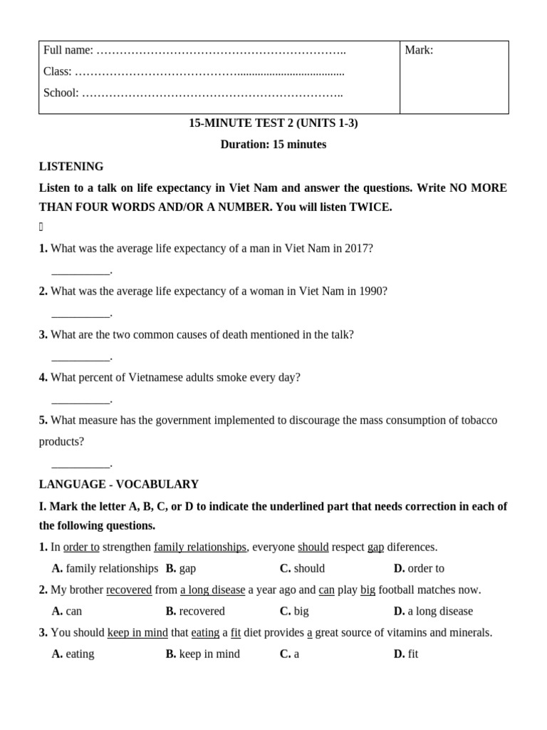 15-Minute Test 2 (Units 1-3) | PDF | Life Expectancy | Smoking