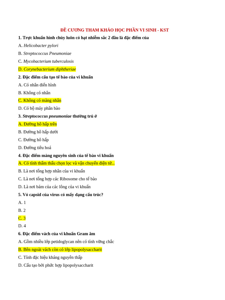 Đề Cương Tham Khảo Học Phần Vi Sinh 1 | PDF