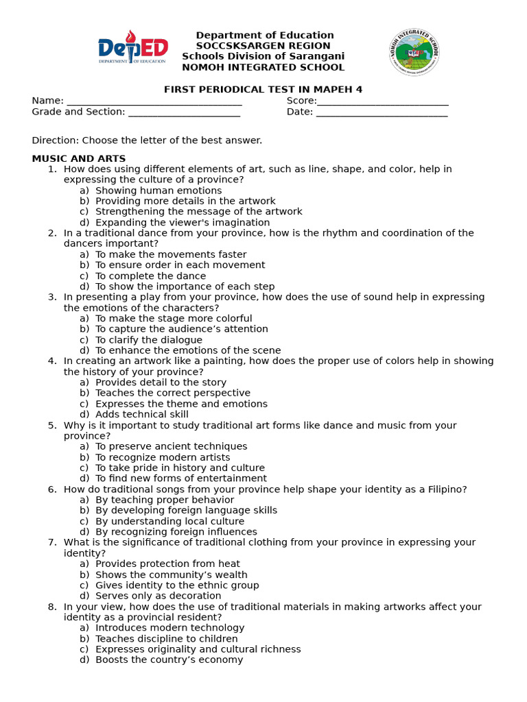 q1 g4 Exam Mapeh - English | PDF