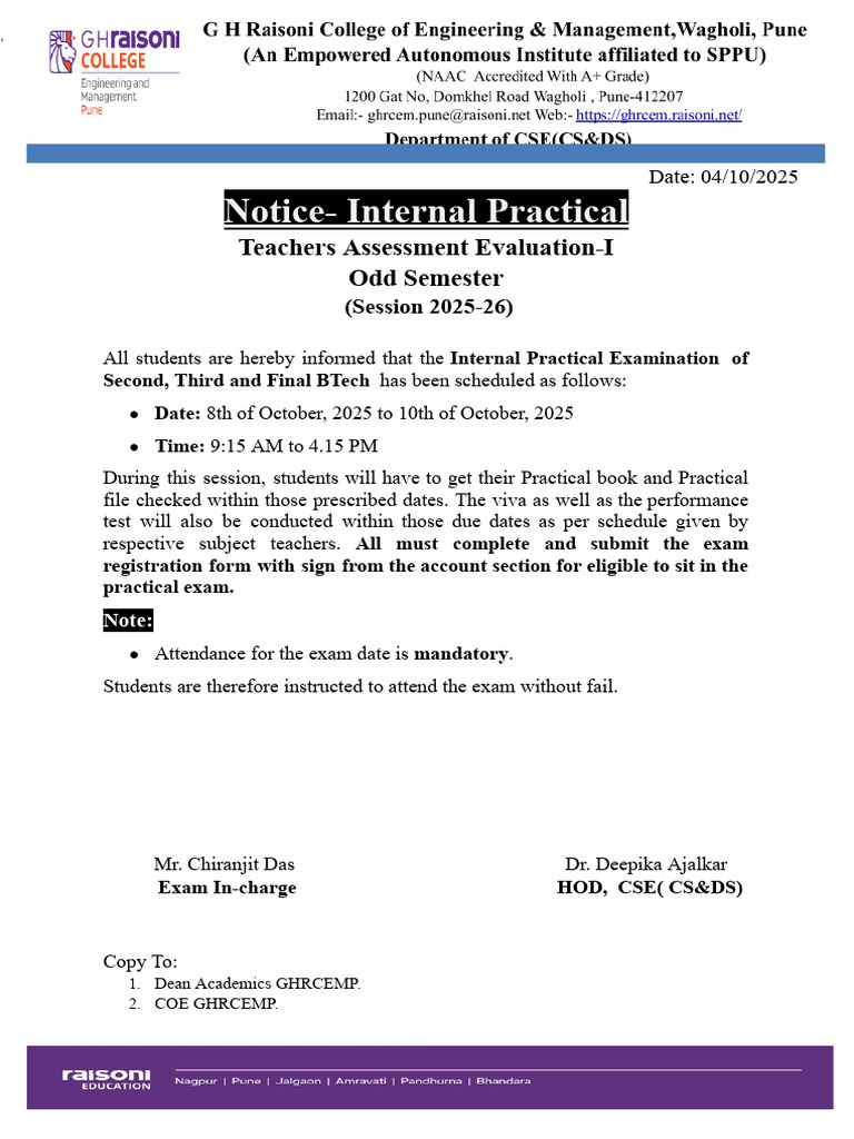BTech Internal Practical Exam Schedule | PDF