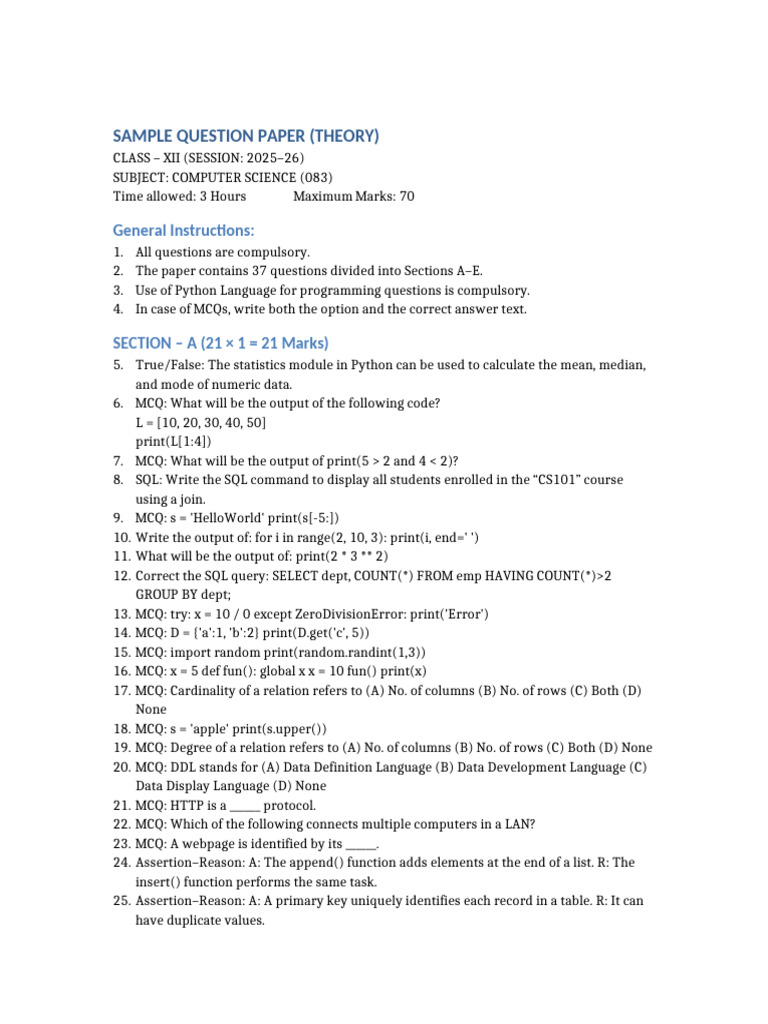 Class12 CS QuestionPaper 2025-26 | PDF | Sql | Computer Programming