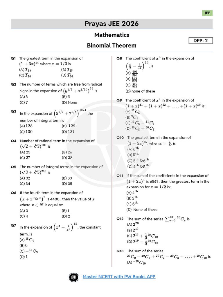 JEE 2026 Binomial Expansion Questions | PDF | Mathematics | Algebra