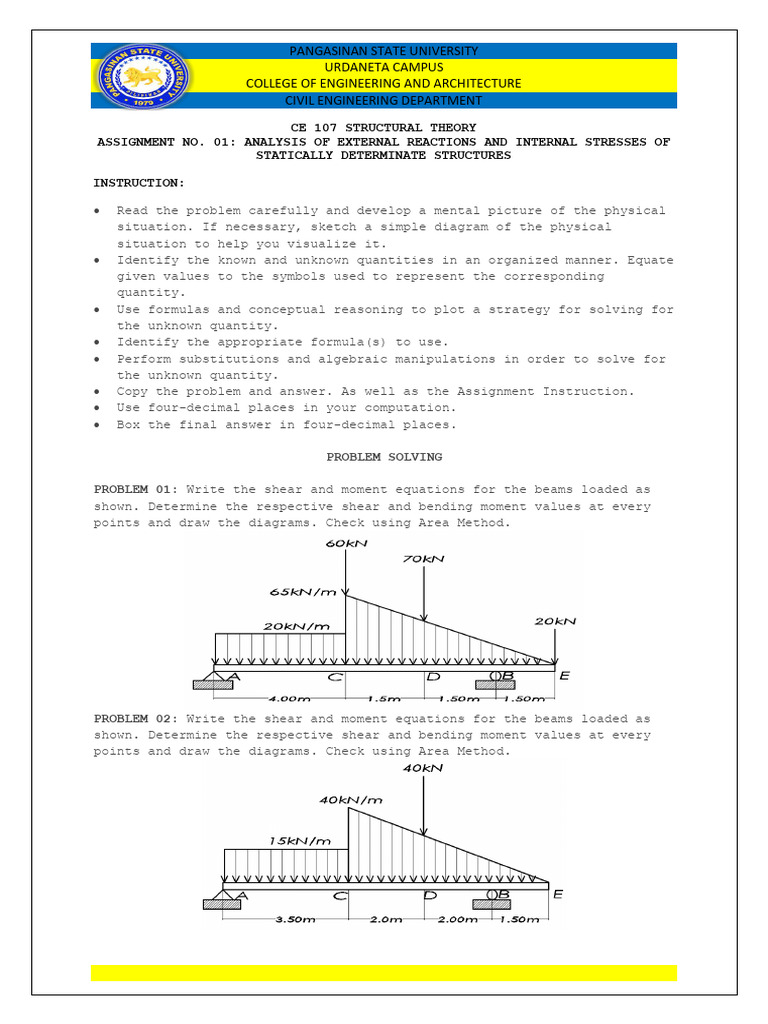 CE107 ST Analysis of Statically Determinate Structures 1 | PDF | Bending | Equations