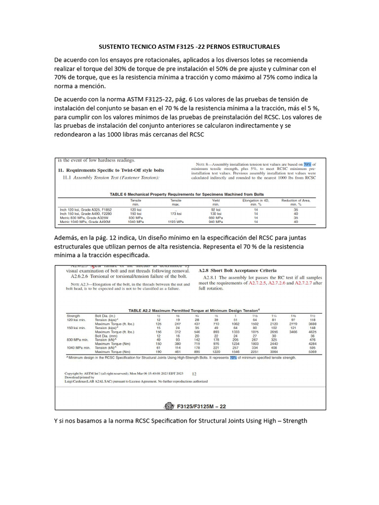 Sustento Tecnico Astm f3125-22 (No Mayor A 70% de Torque) | PDF ...