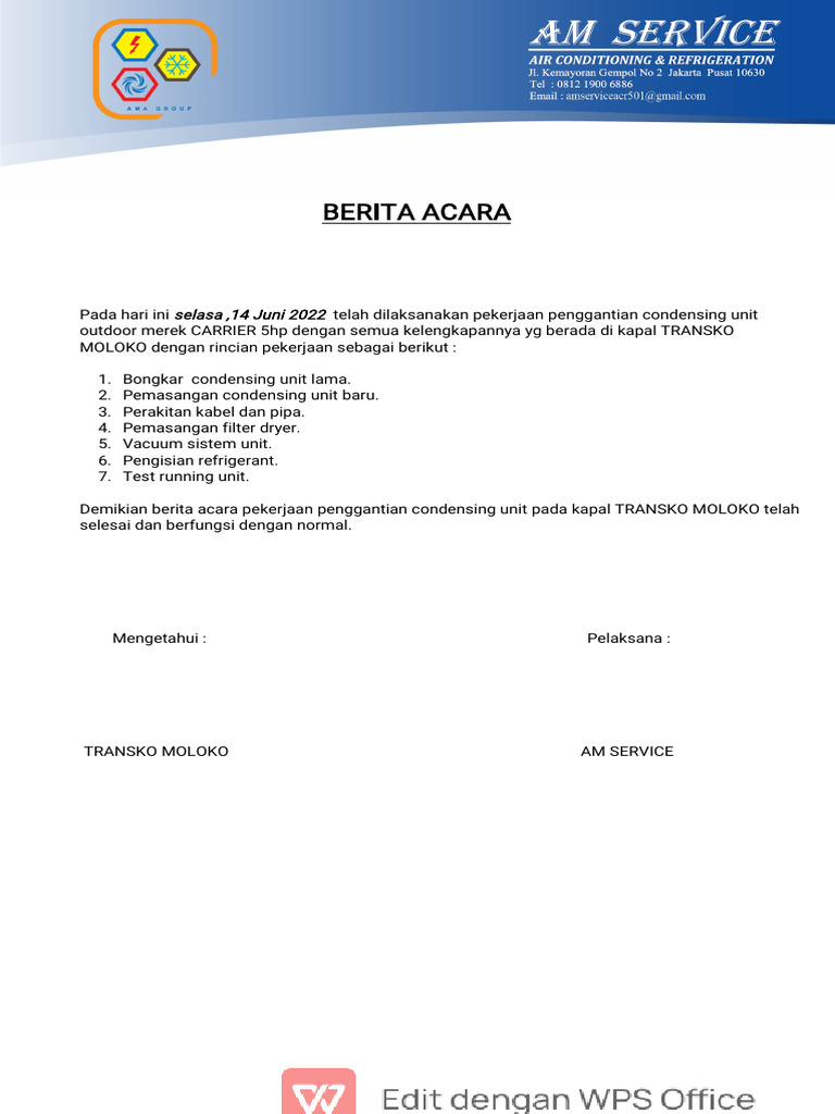 Penggantian Condensing Unit CARRIER Kapal | PDF