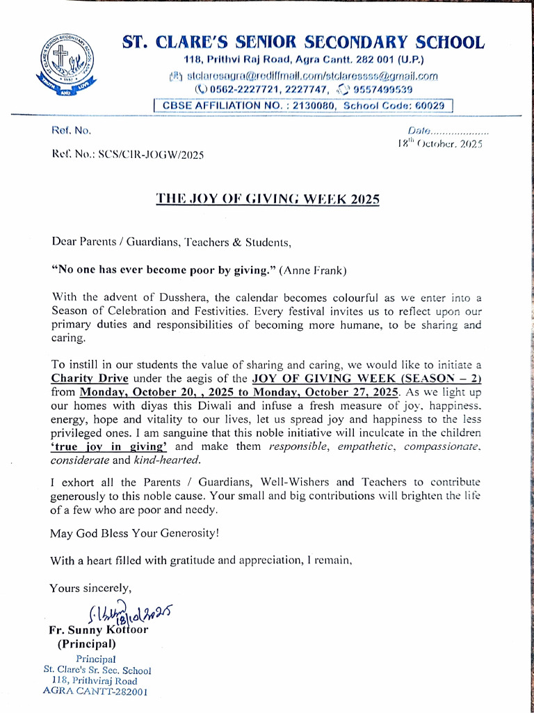 Joy of Giving Week 2025 at St. Clare's | PDF