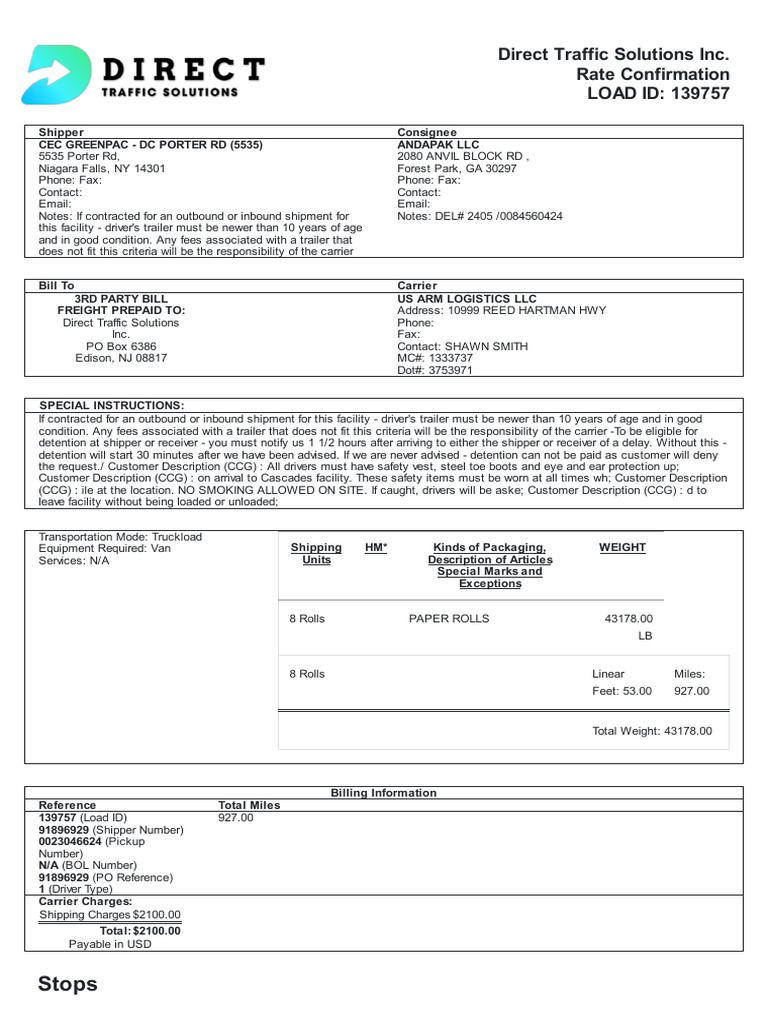 Rate Confirmation 139757 2072 | PDF | Receipt | Cargo