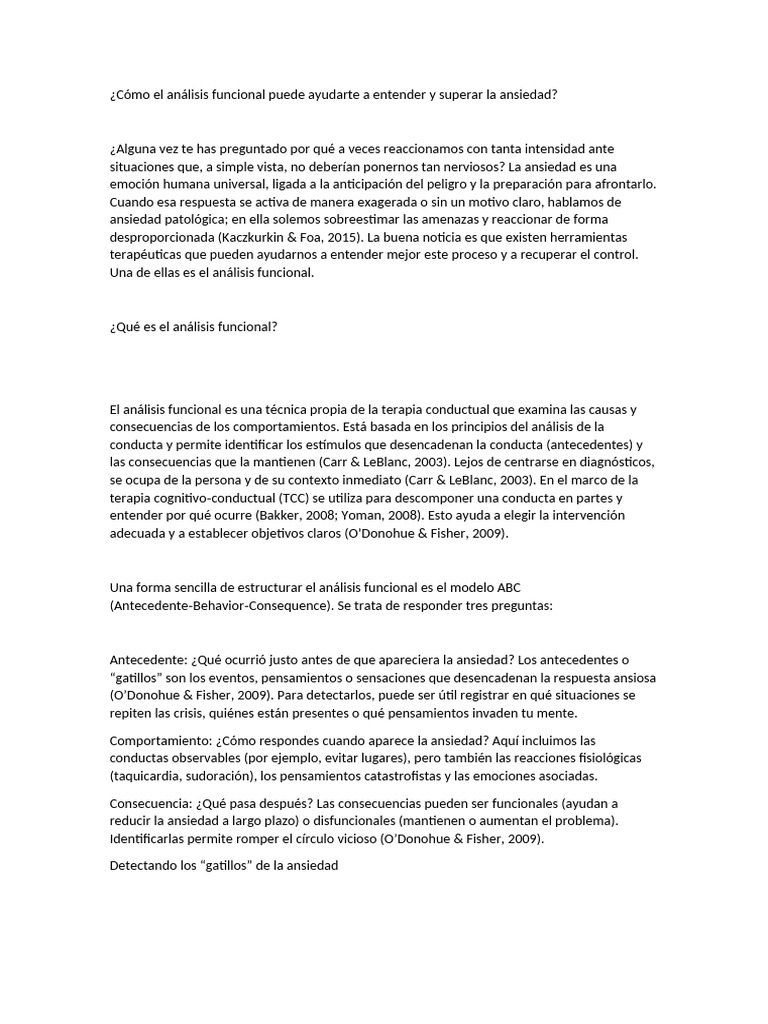 Análisis Funcional para Superar la Ansiedad | PDF | Ansiedad | Las ...