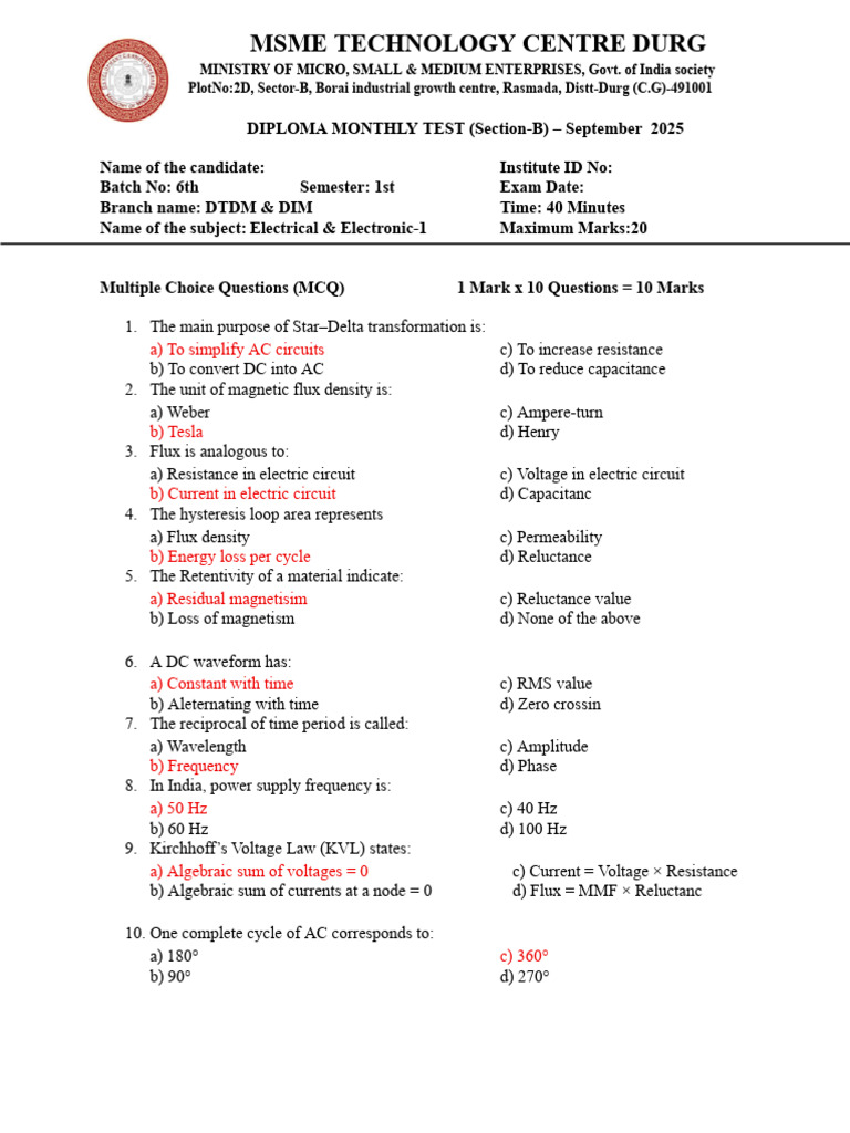 September Month Test | PDF | Alternating Current | Electric Power