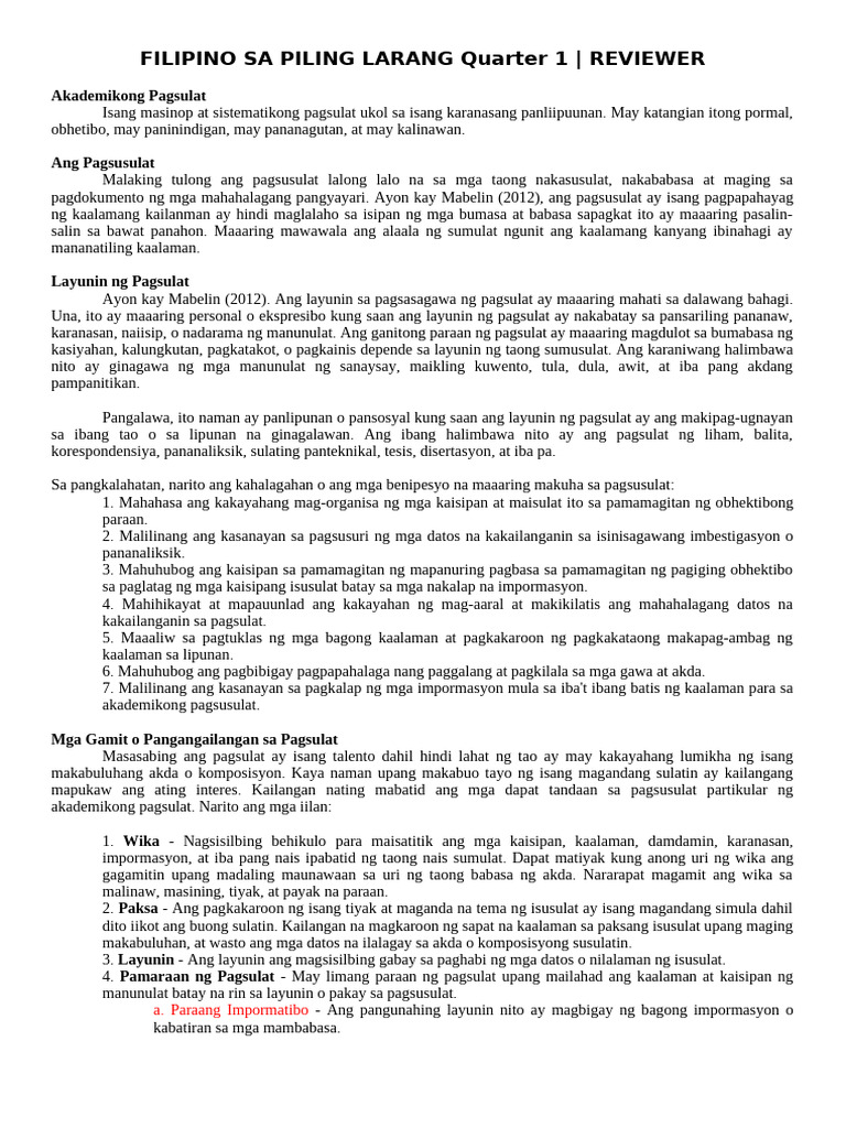 Filipino Sa Piling Larang Quarter 1 Reviewer | PDF