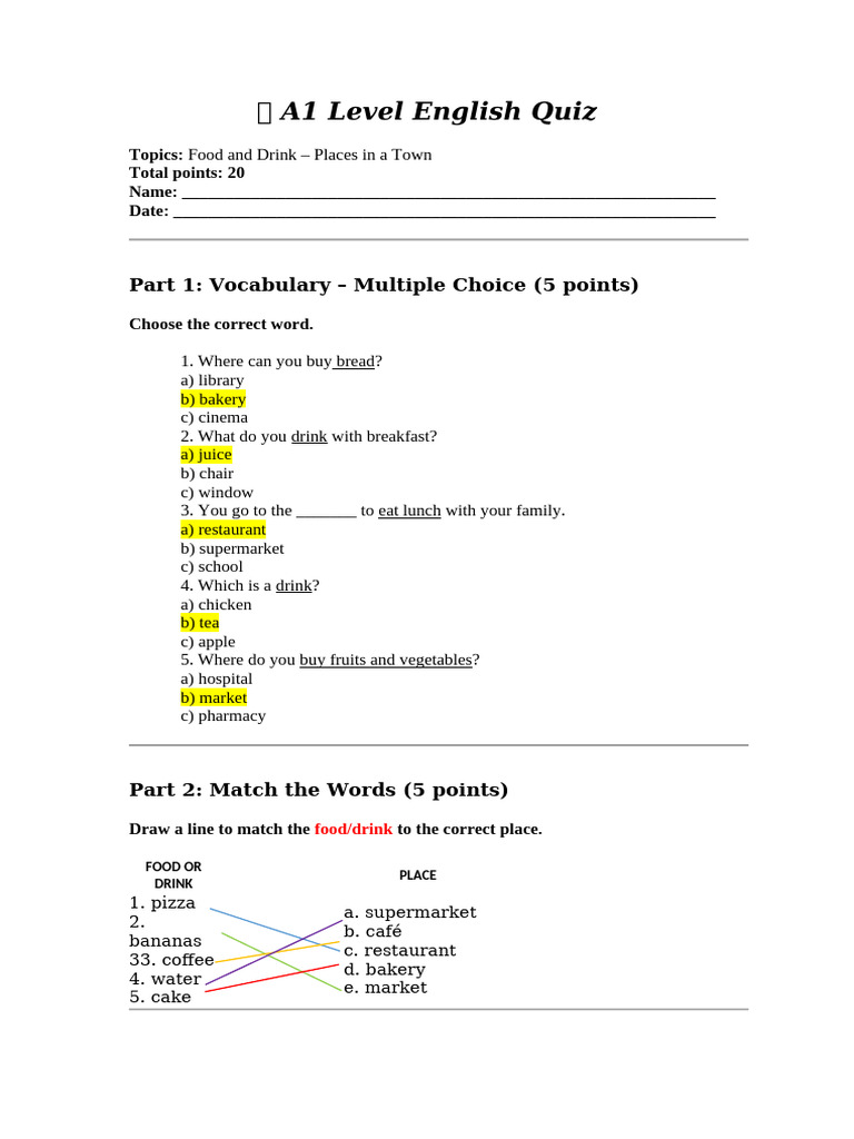 A1 English Quiz: Food & Places | PDF