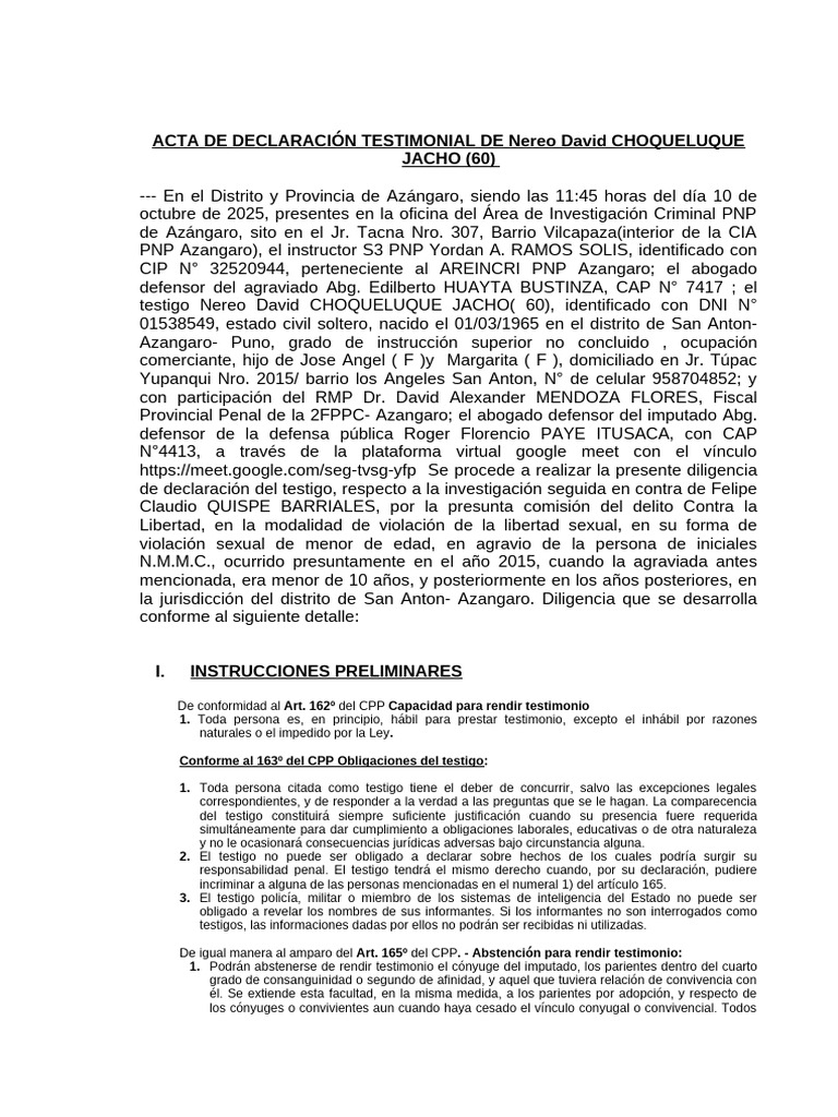 Declaración Testimonial de Nereo Choqueluque | PDF | Testigo | Testimonio