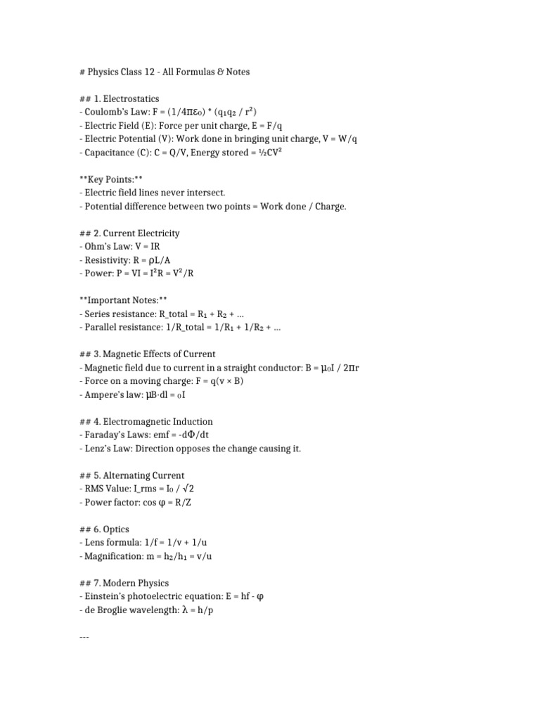 Physics Class 12 All Formulas and Notes | PDF