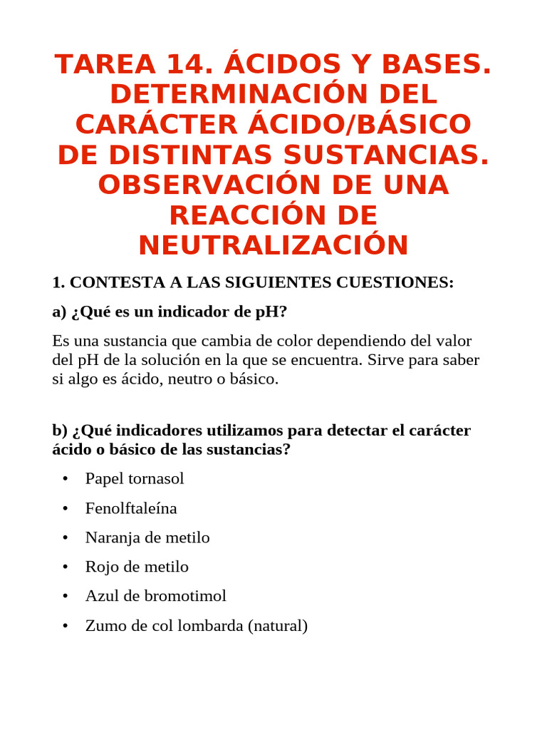 Tarea 14. Ácidos Y Bases. Determinación Del Carácter Ácido/Básico de ...