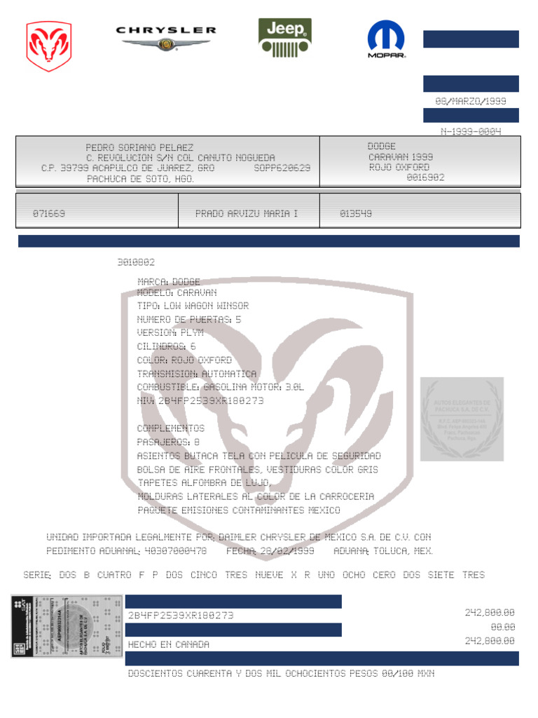 Factura Dodge Caravan 1999 Isaac Amigo de Aaron | PDF | Estilos de ...