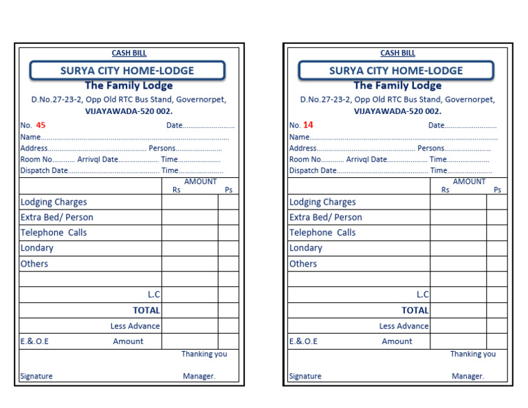 Lodging Cash Bill Template | PDF