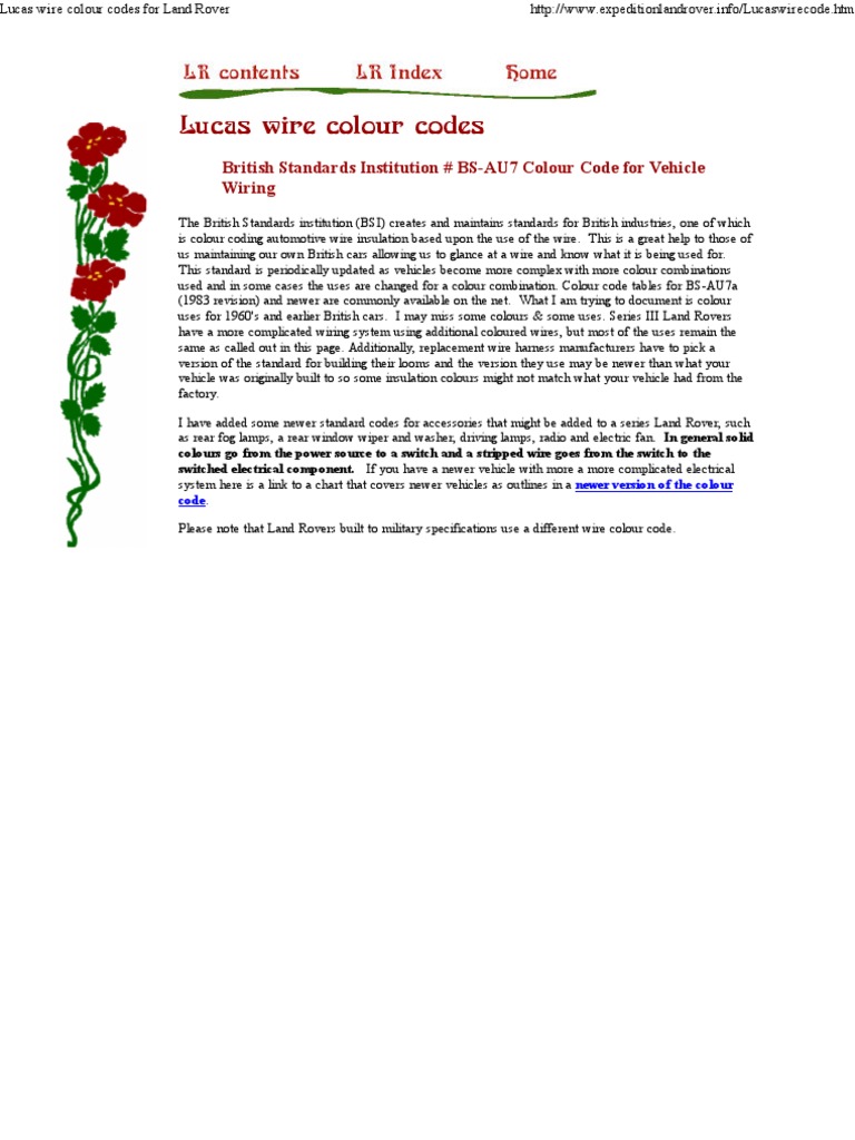 Lucas Wire Colour Codes For Land Rover | PDF | Headlamp | Switch