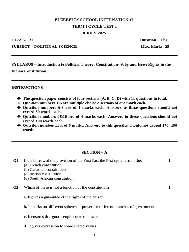 XI Polsc Term1CT1 QP 2025-26 | PDF | Justice | Crime & Violence