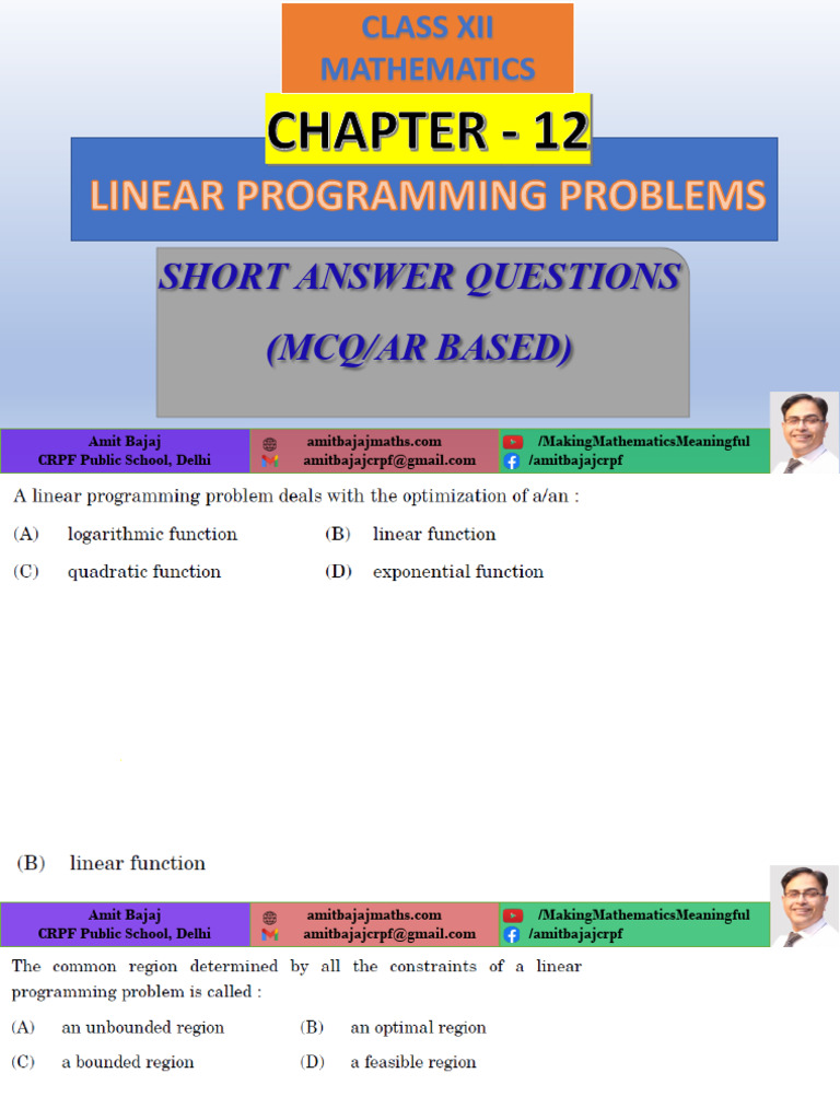 Class Xii Linear Programming Problems (MCQ & Ar Based Questions) (Dr. Amit Bajaj) | PDF