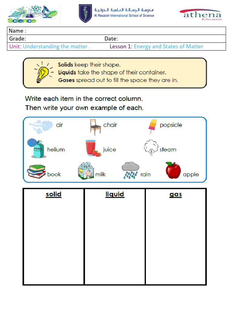 Worksheet - Grade.7 (SEN) Lesson Energy and States of Matter-2 | PDF