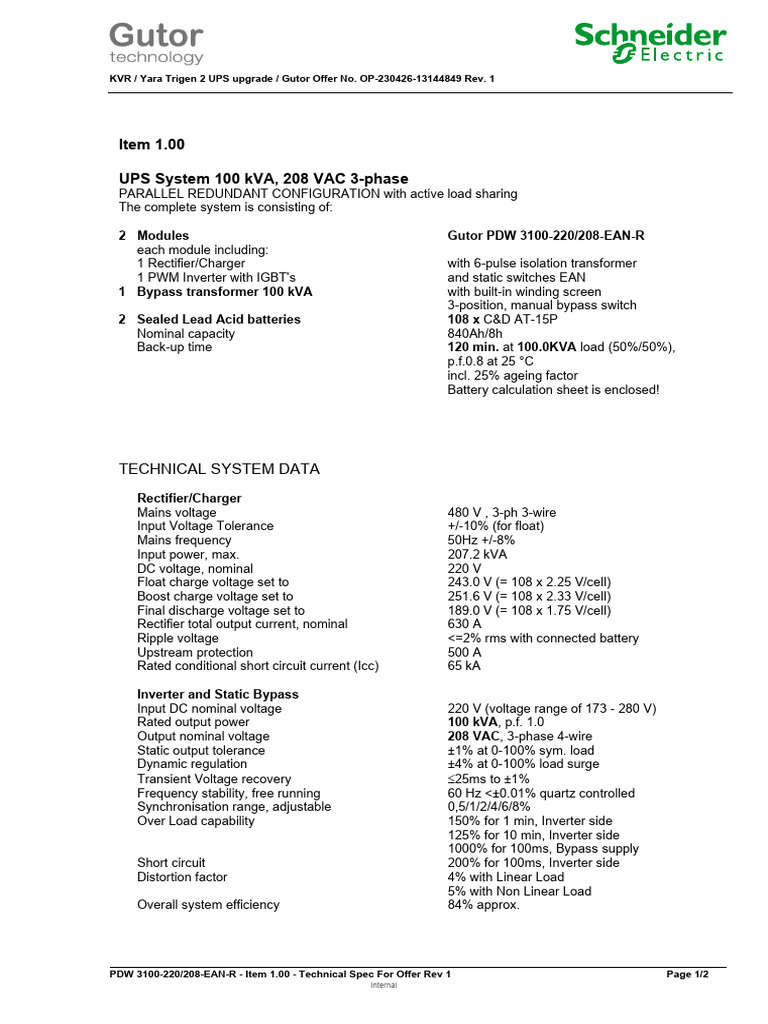 Gutor 100KVA UPS Specification Sheets | PDF | Rectifier | Battery Charger